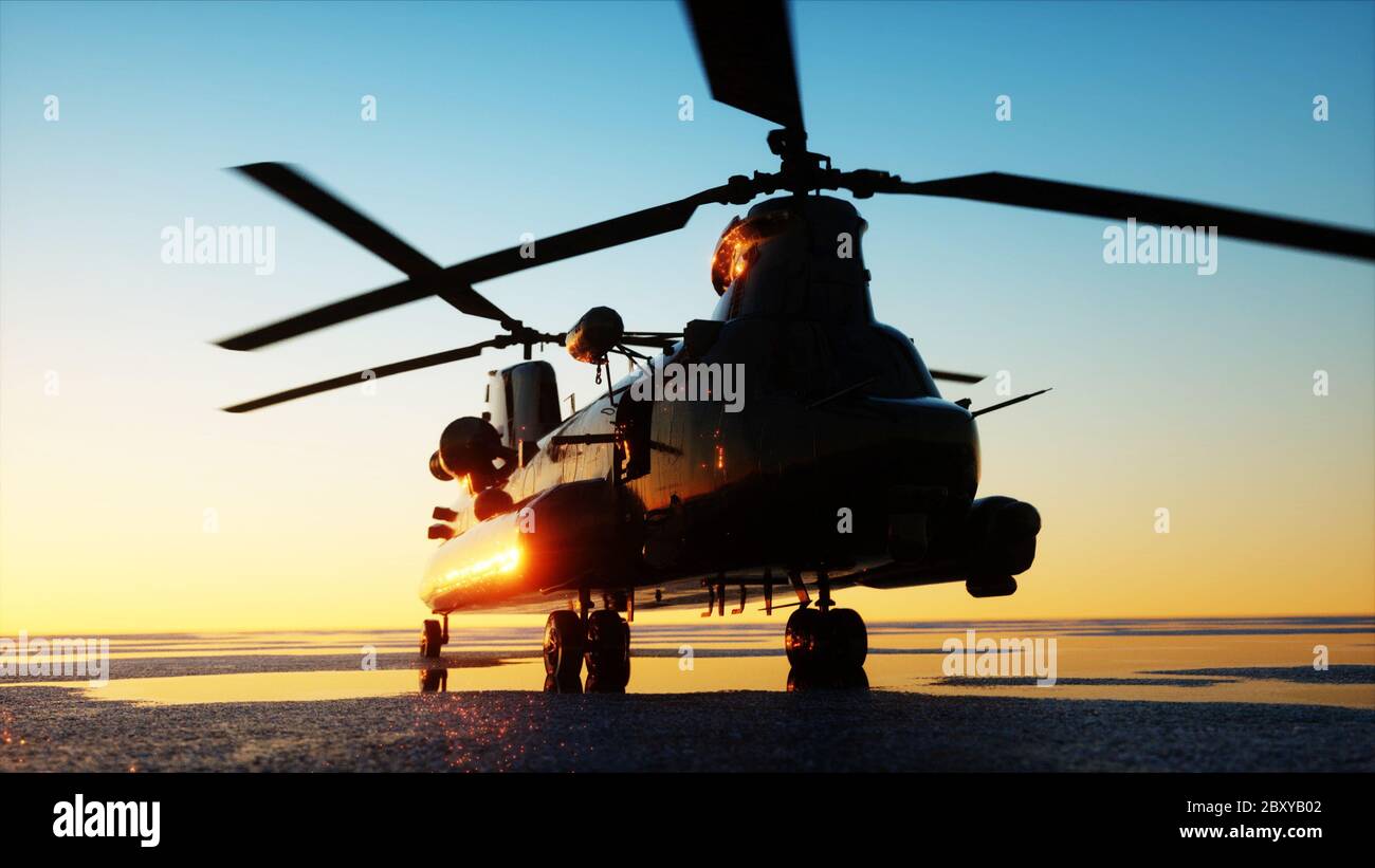 Military helicopter chinook, wonderfull sunset. 3d rendering Stock ...