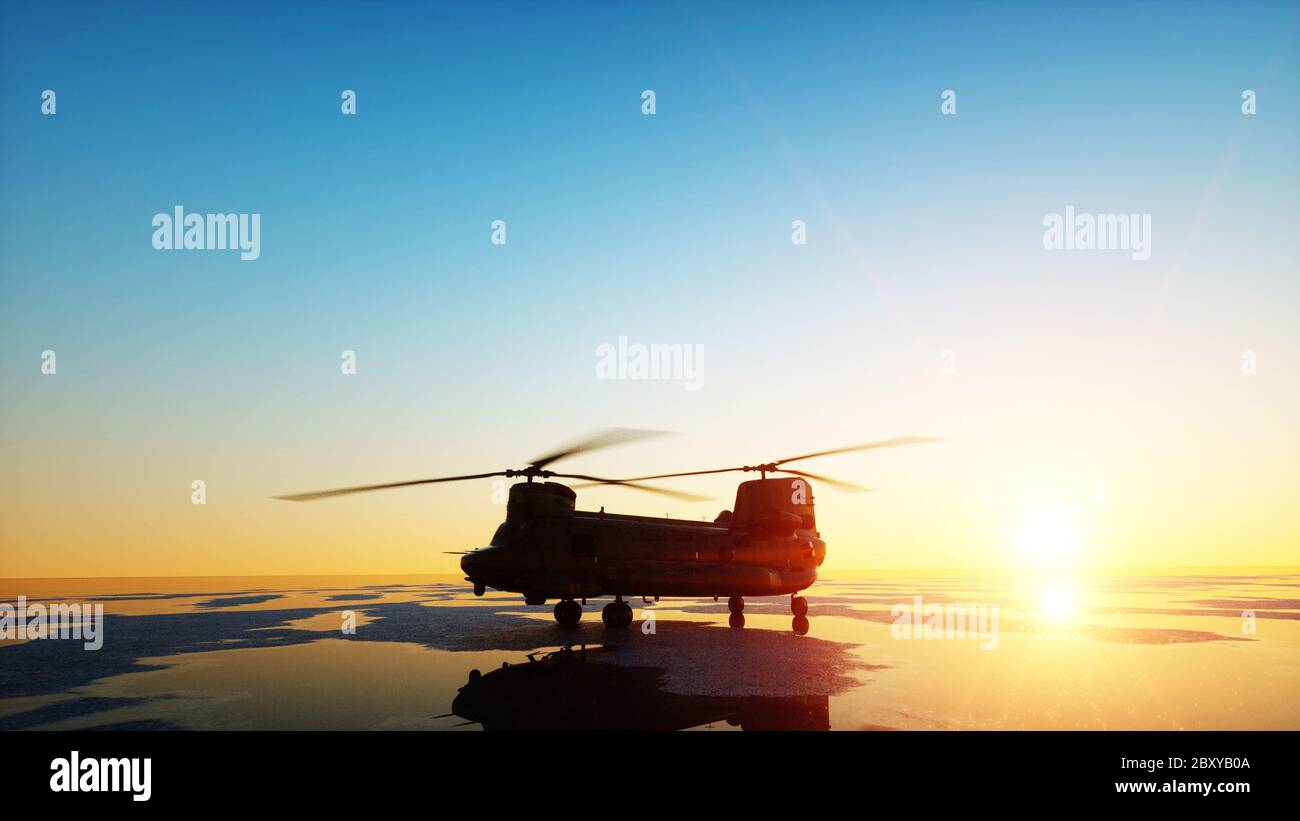 Military helicopter chinook, wonderfull sunset. 3d rendering Stock ...