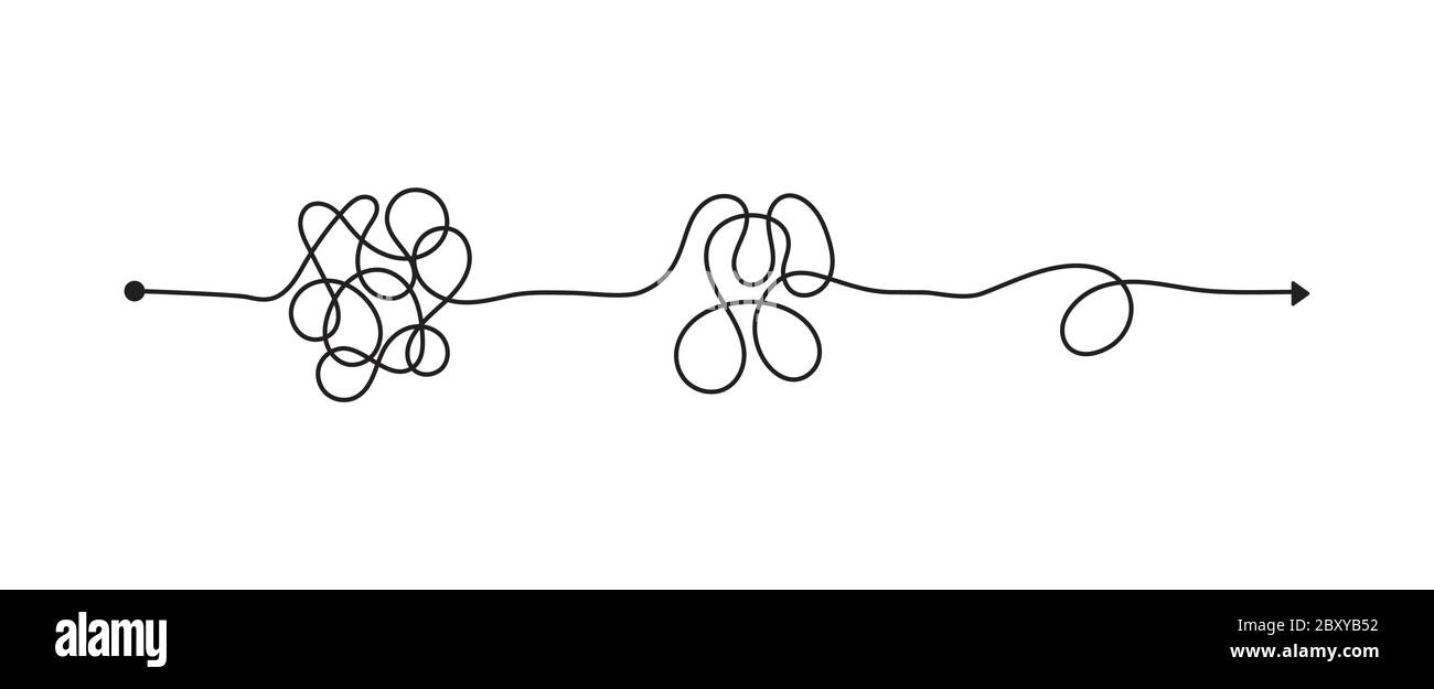 Tangled line, complex knot rests in straight line, isolated vector ...