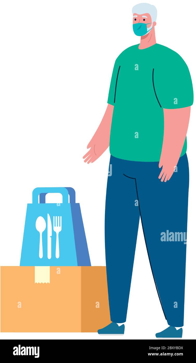 Woman client with mask delivery box and food bag vector design Stock ...