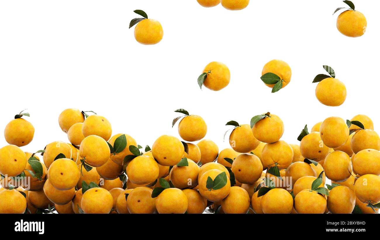 Fresh oranges falling with water drops. Food concept. 3d rendering ...