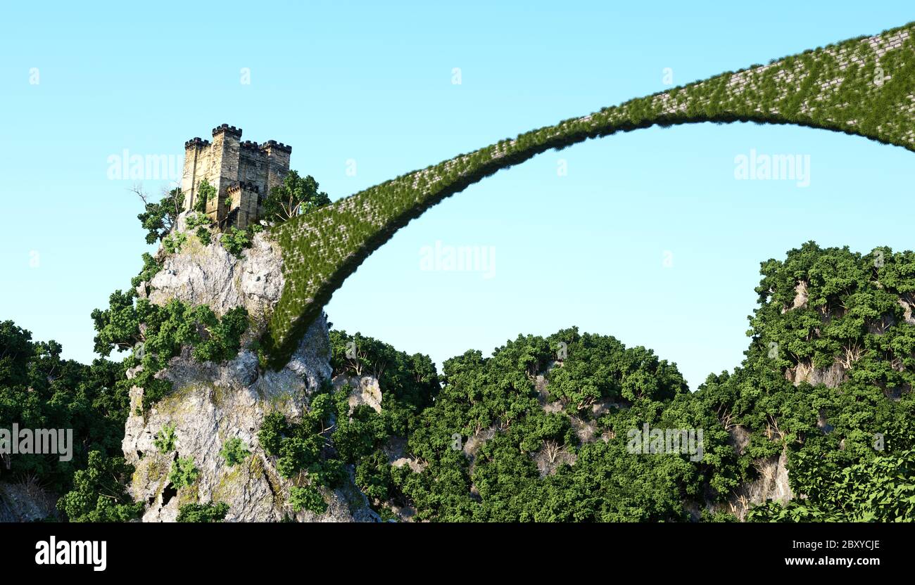 Old fantsay castle on a high cliff, rock. Aerial view. fabulous ...