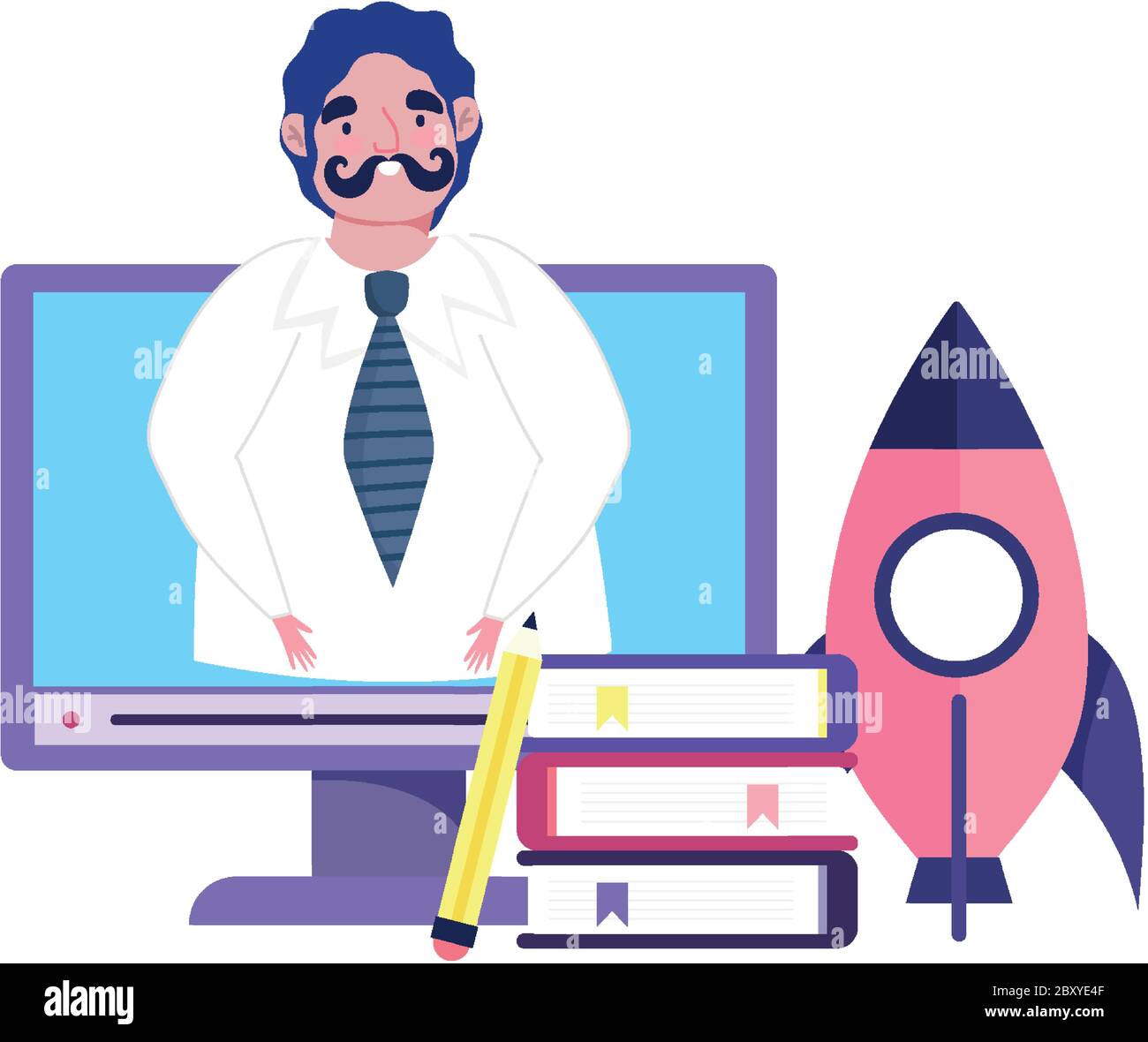 online education teacher computer stack books and pencil vector ...