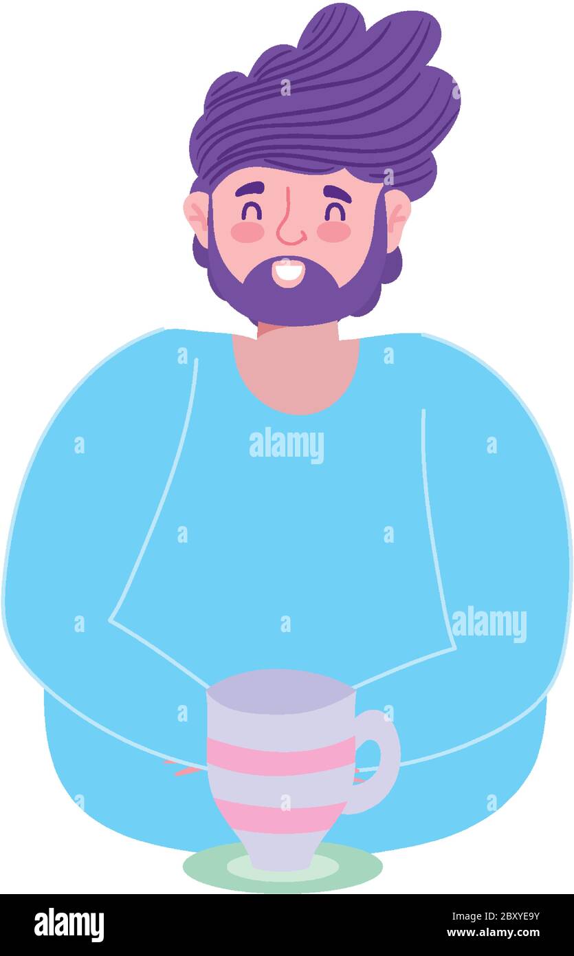 beard man male character with coffee cup in dish cartoon vector ...