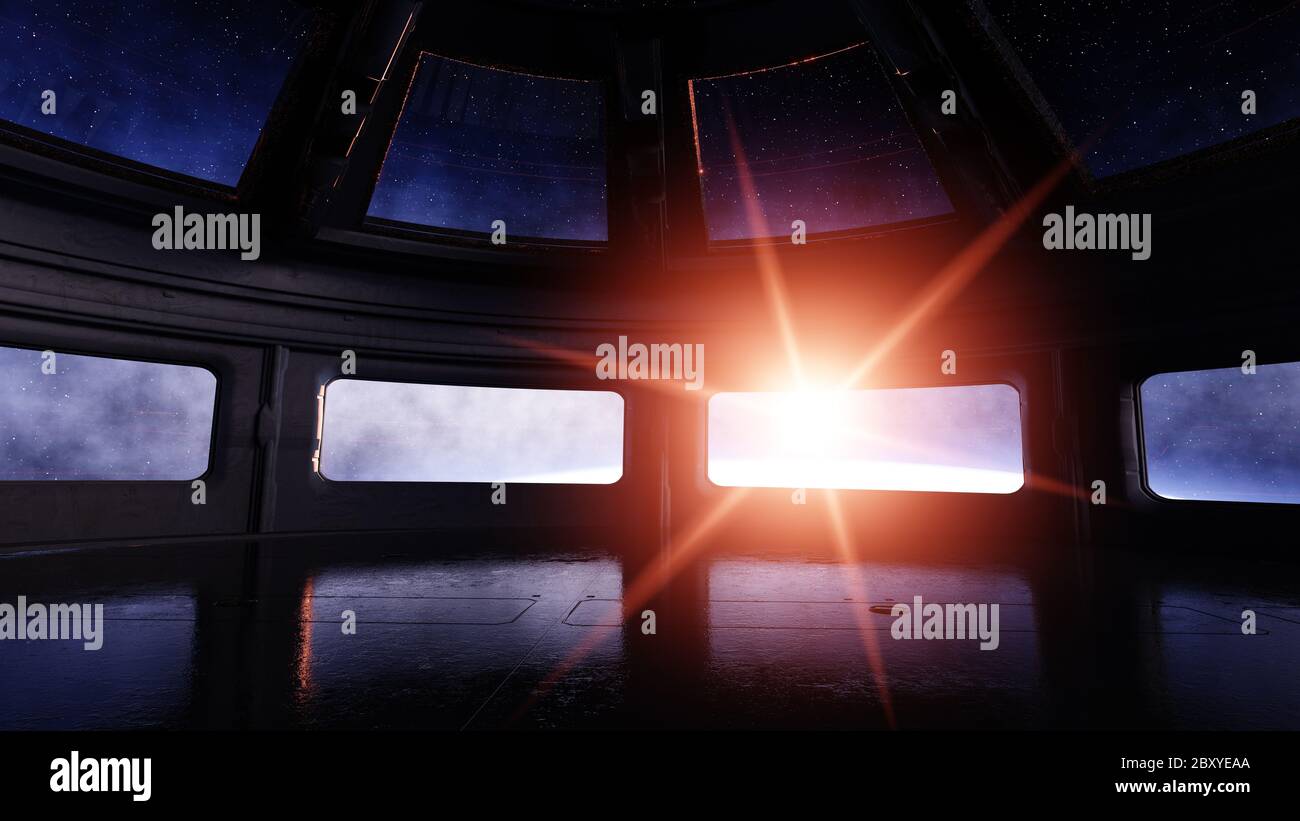 Spaceship room, corridor. Futuristic view of the earth. 3d rendering ...