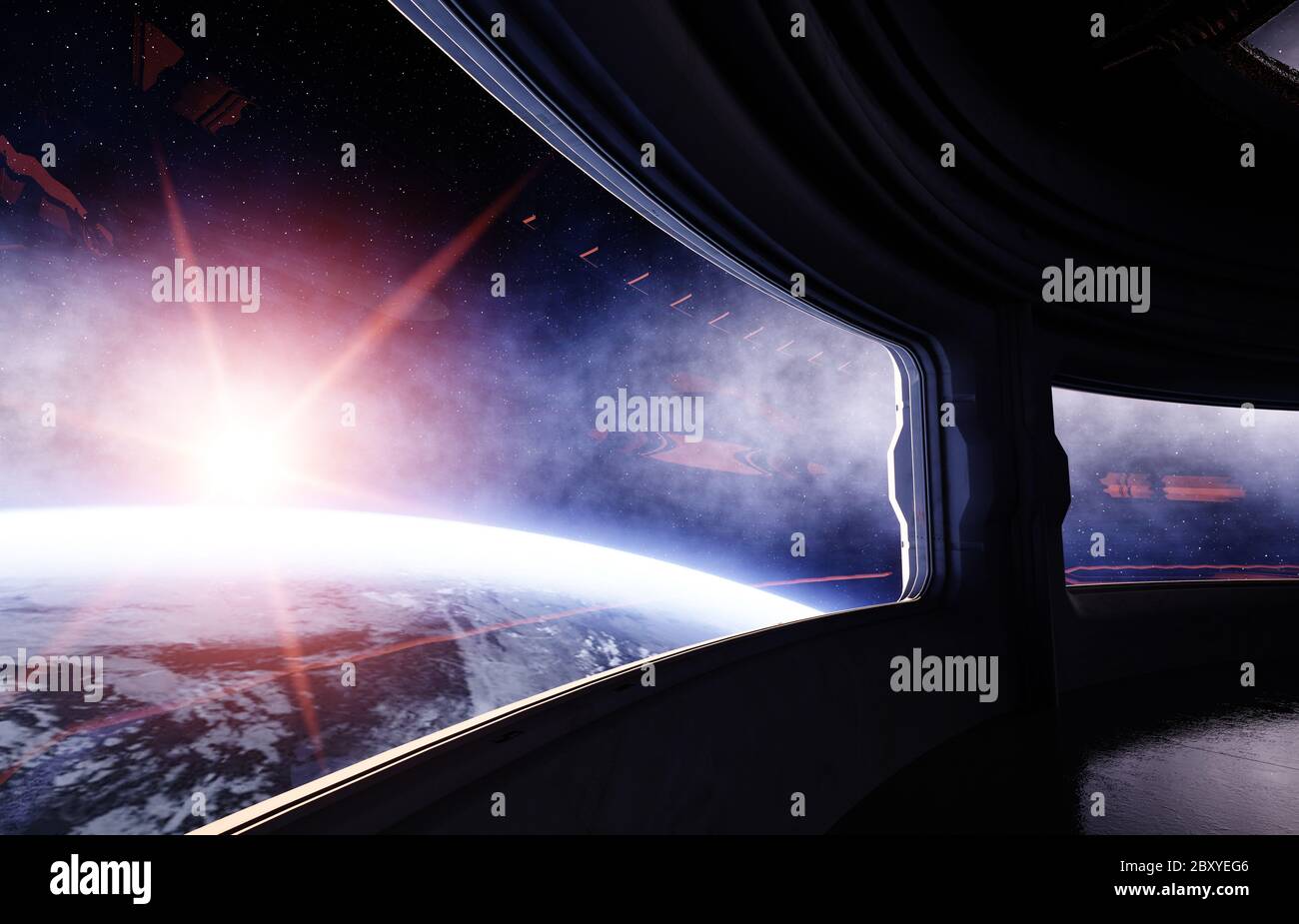 Spaceship room, corridor. Futuristic view of the earth. 3d rendering ...