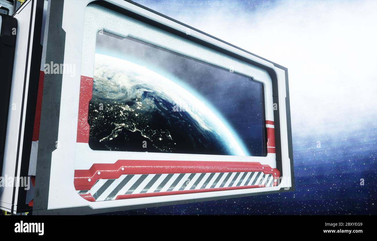 Spaceship room, corridor. Futuristic view of the earth. 3d rendering ...