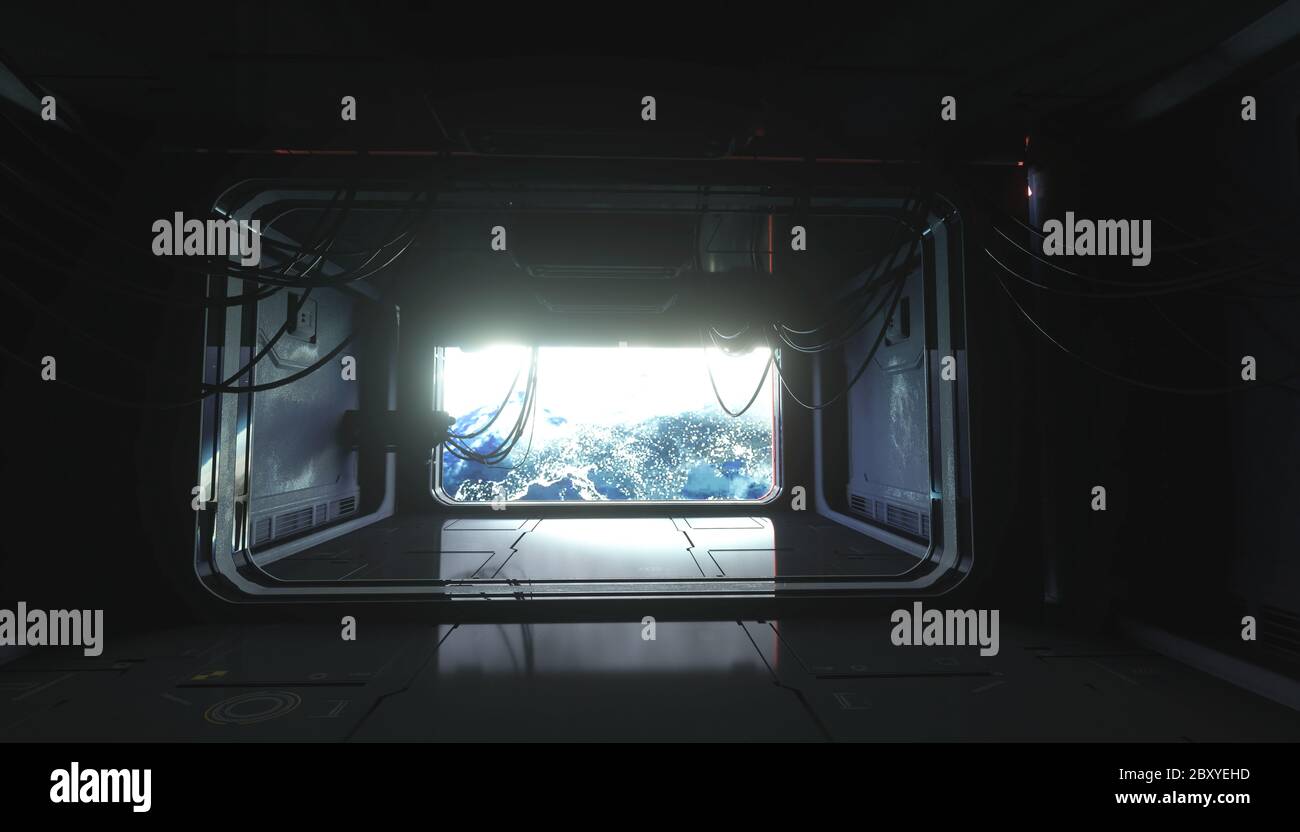 Spaceship room, corridor. Futuristic view of the earth. 3d rendering ...