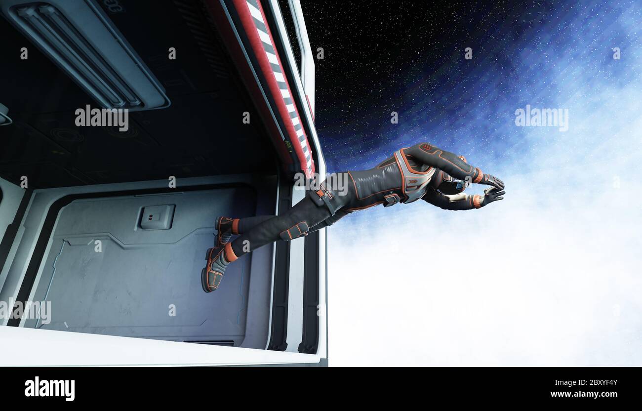 astronaut jump into space. view of the earth. 3d rendering Stock Photo ...