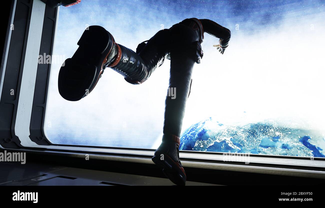 astronaut jump into space. view of the earth. 3d rendering Stock Photo ...