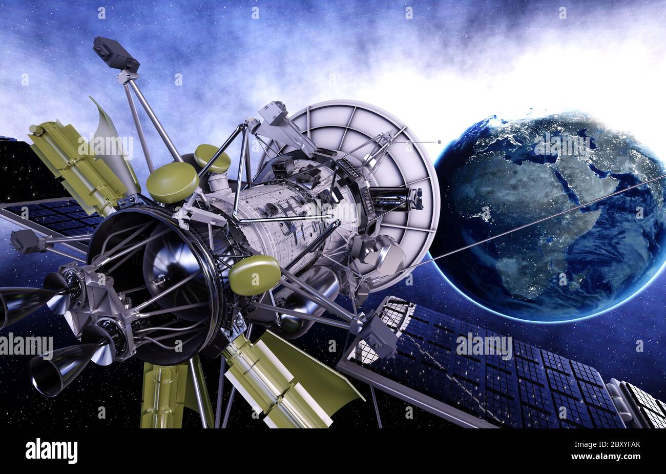 Satellite in space. view of the earth. Sunrise. 3d rendering Stock ...