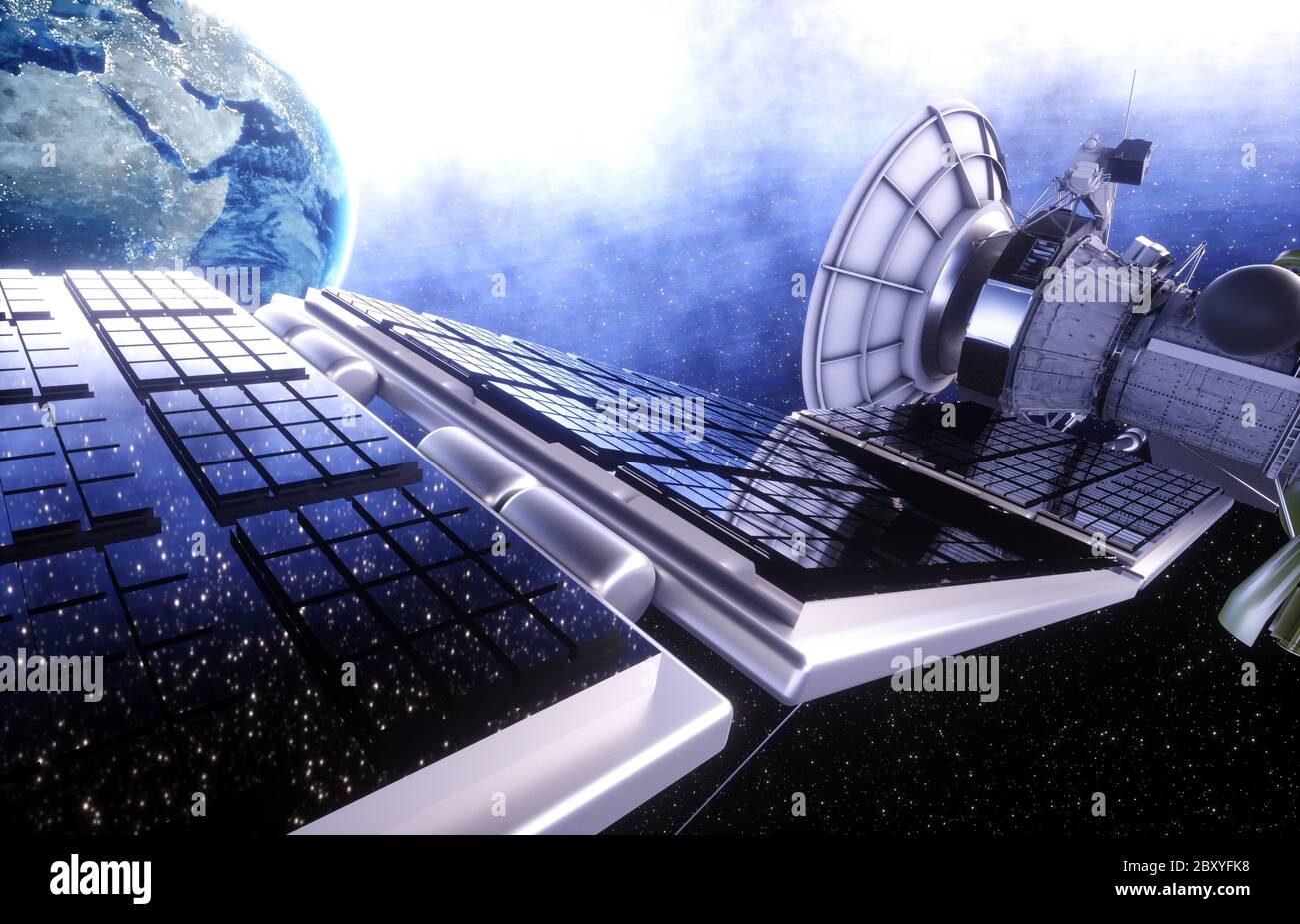 Satellite in space. view of the earth. Sunrise. 3d rendering Stock ...