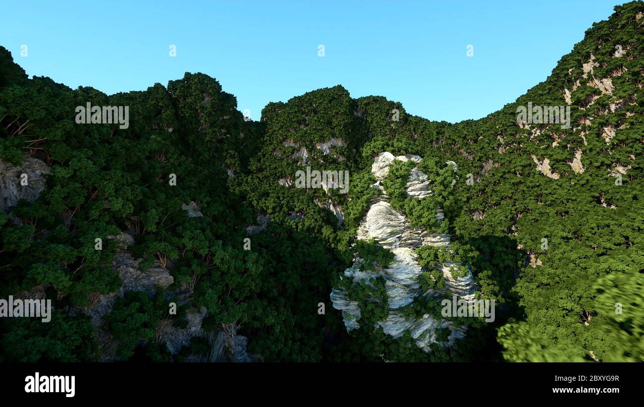 Mountain Cliffs with trees. Fantasy landscape. 3d rendering Stock Photo ...