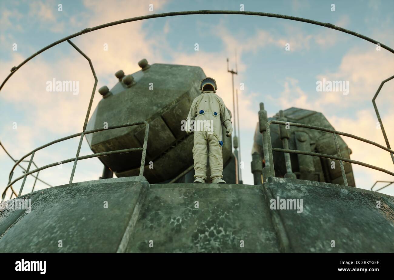 alone astronaut on alien planet. Martian on metal base. Future concept ...