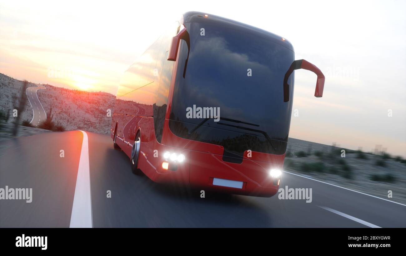 touristic red bus on highway. Fast driving. realistic 3d rendering ...