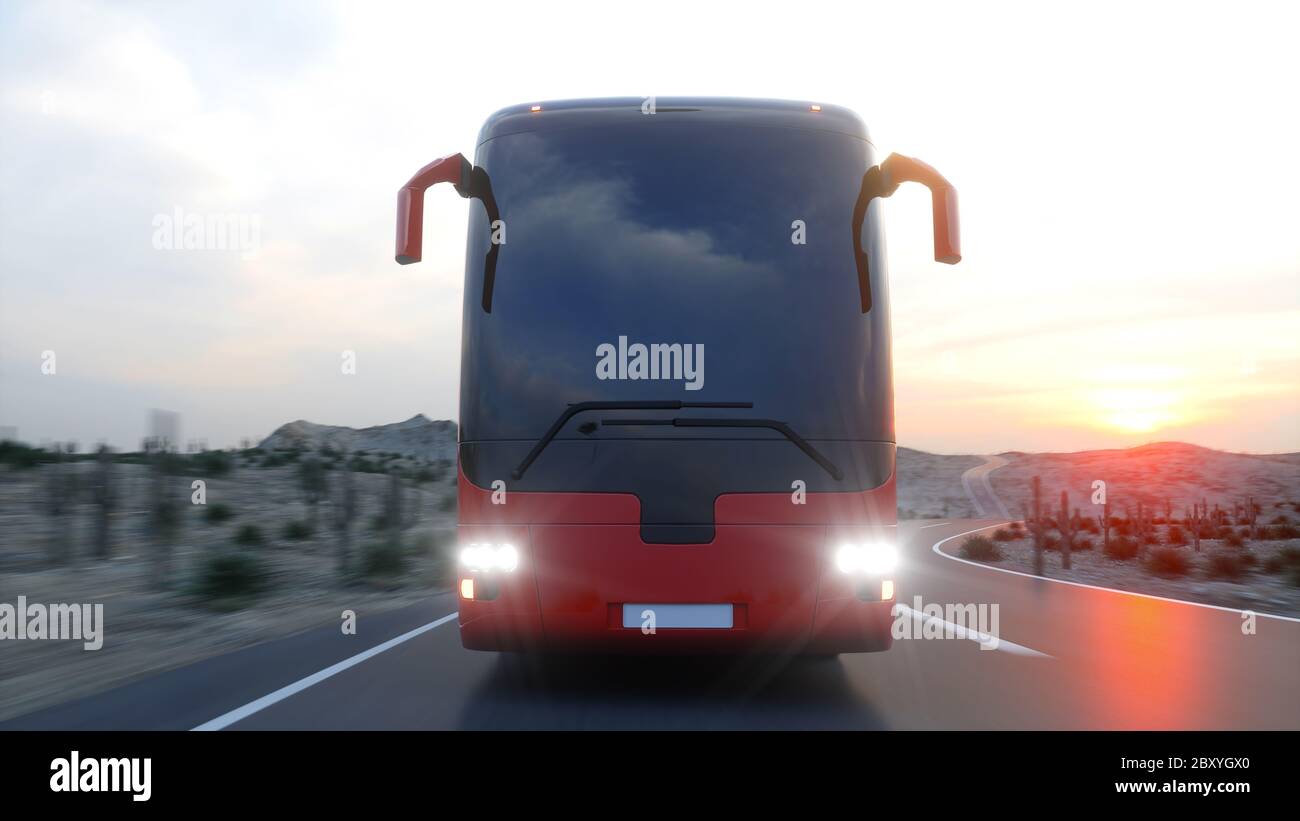 touristic red bus on highway. Fast driving. realistic 3d rendering ...