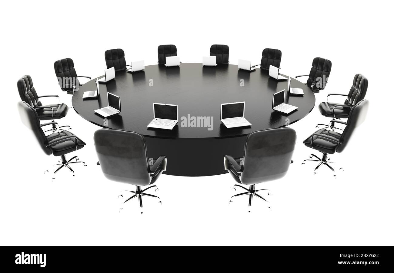 boardroom, meeting room and conference table with notebooks. Business ...
