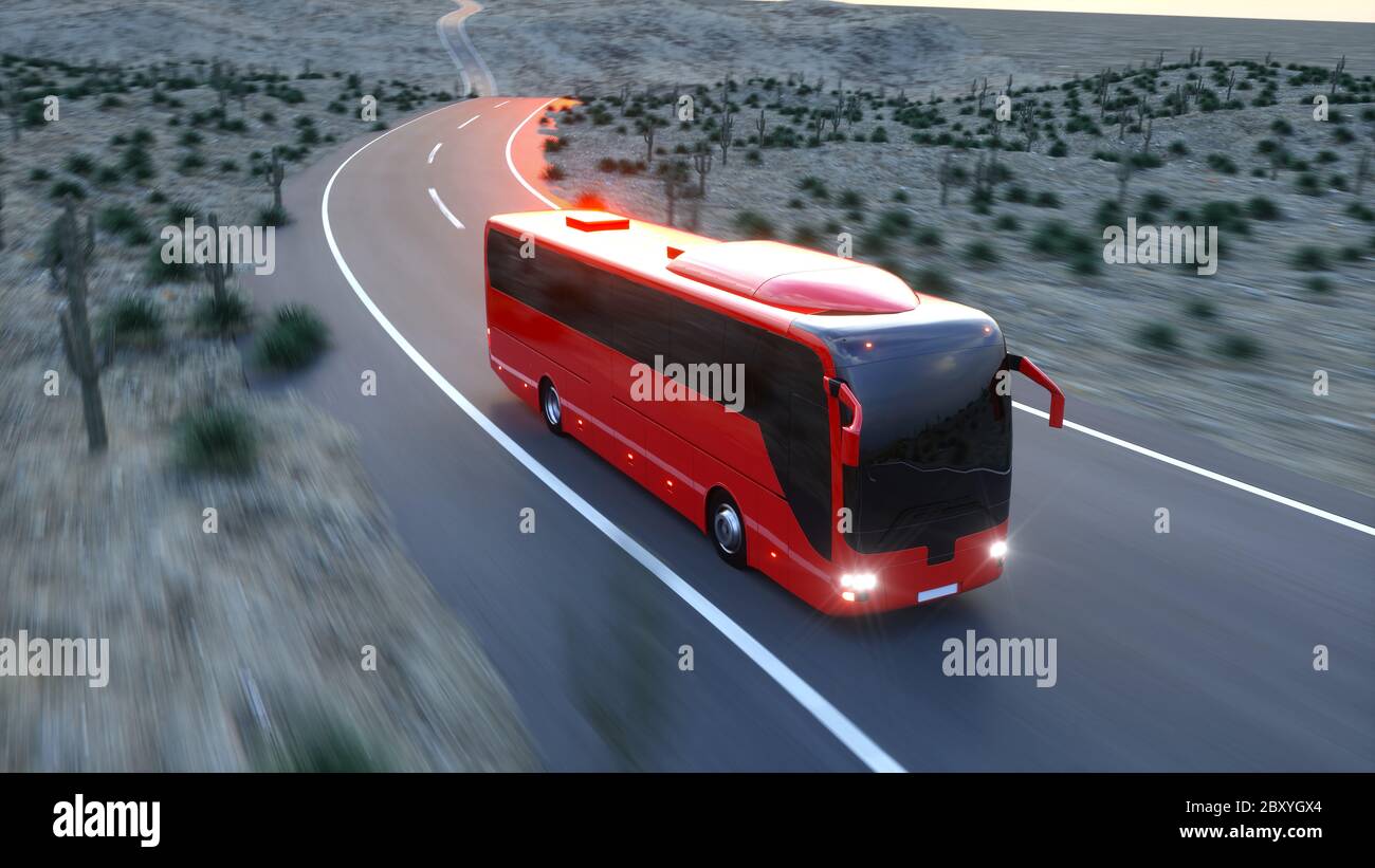 touristic red bus on highway. Fast driving. realistic 3d rendering ...