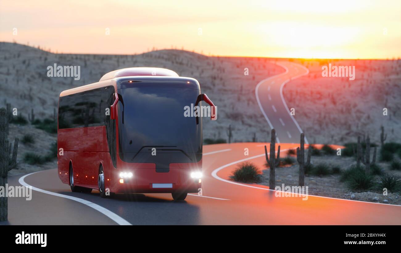 touristic red bus on highway. Fast driving. realistic 3d rendering ...