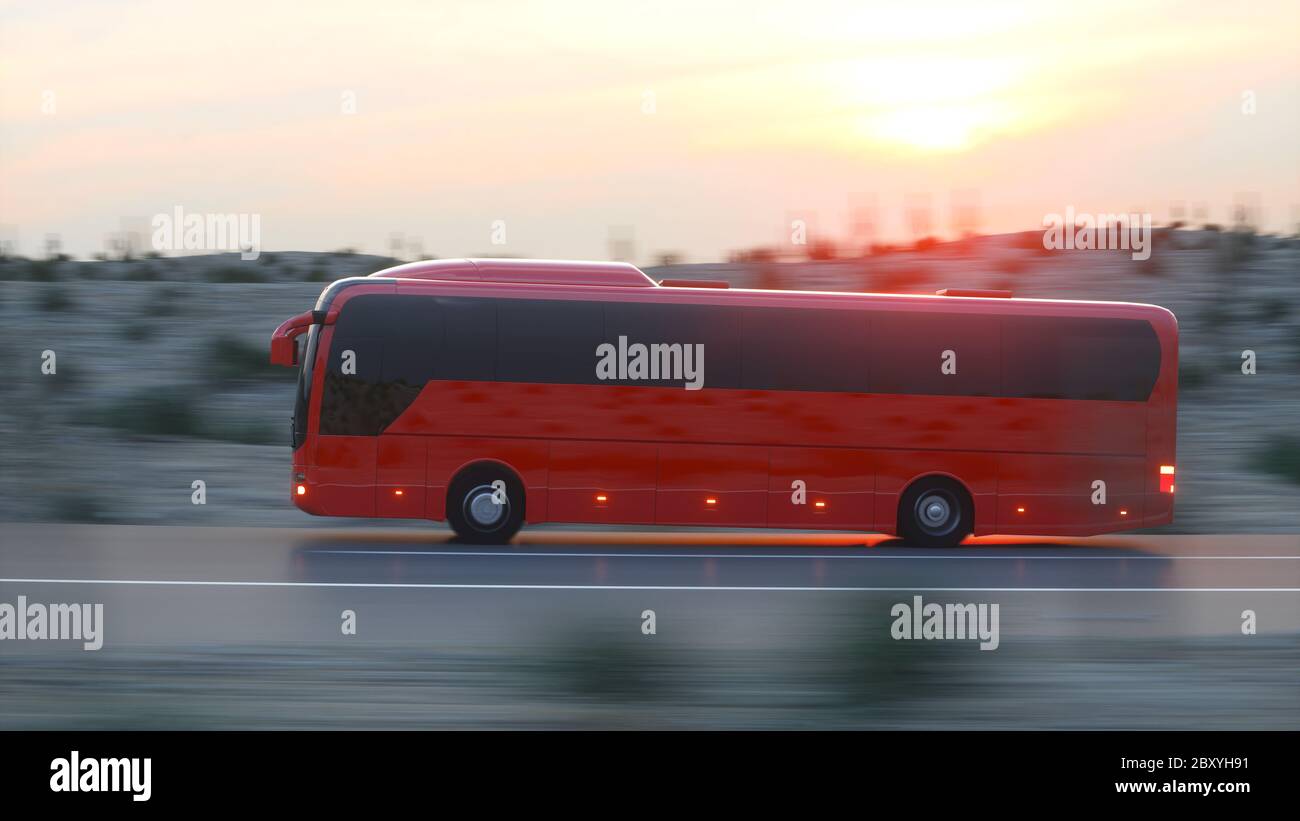 touristic red bus on highway. Fast driving. realistic 3d rendering ...