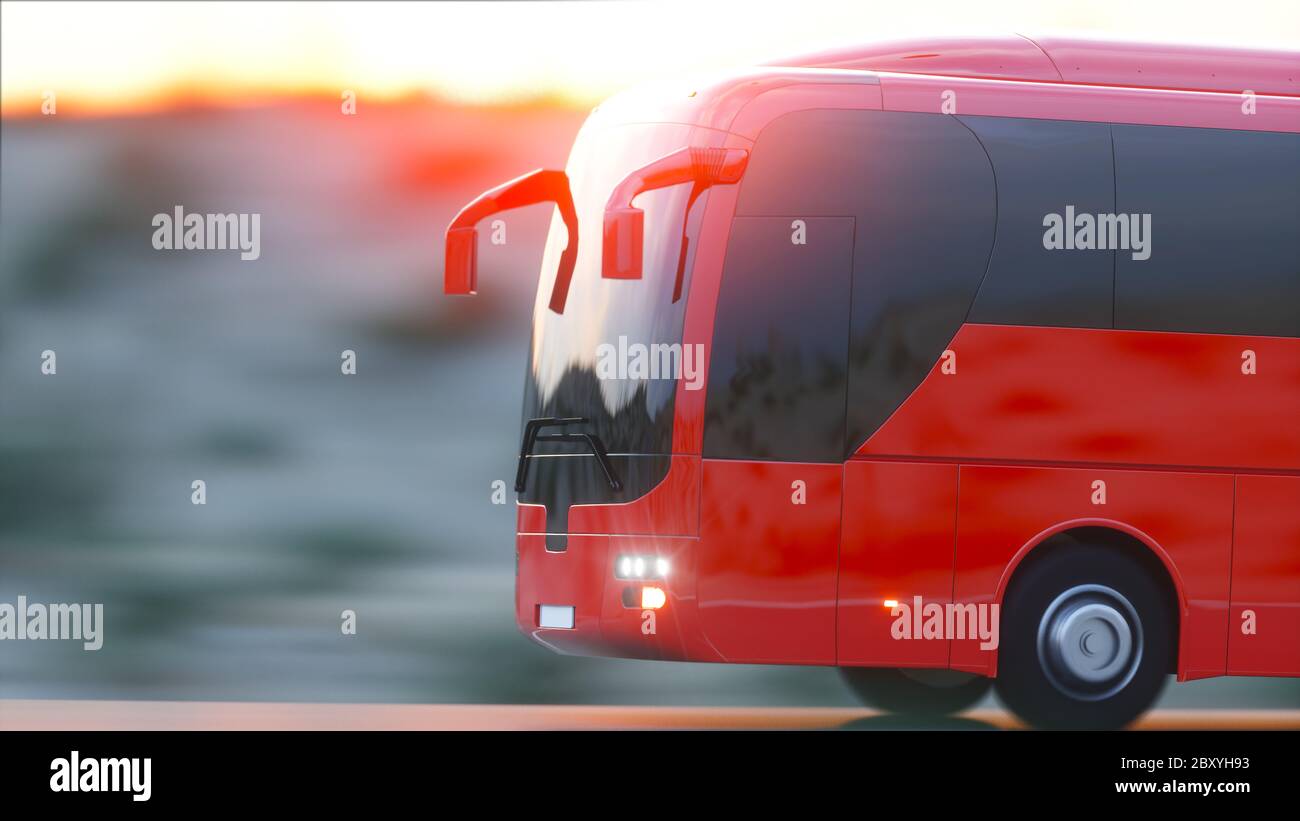 touristic red bus on highway. Fast driving. realistic 3d rendering ...