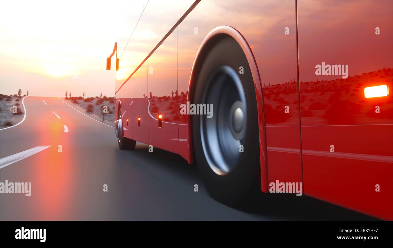 touristic red bus on highway. Fast driving. realistic 3d rendering ...