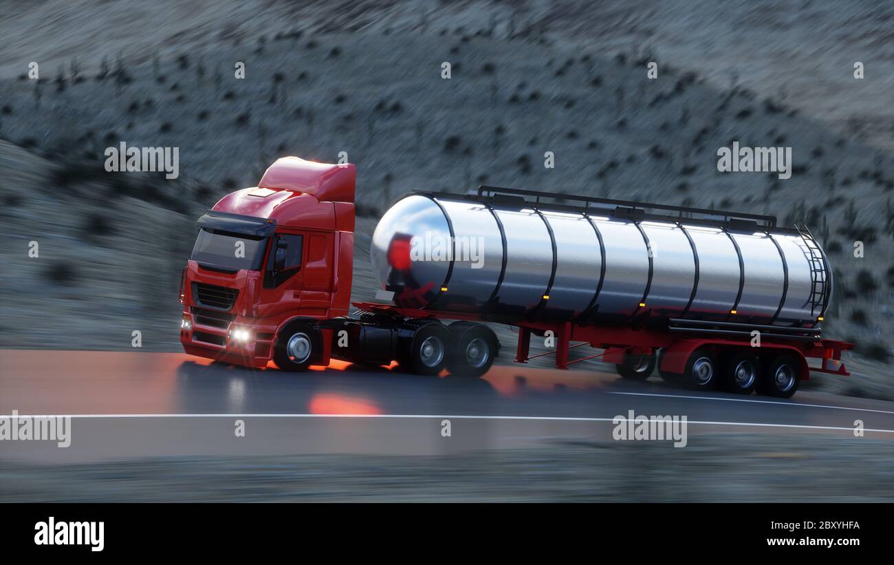 Gasoline tanker, Oil trailer, truck on highway. Very fast driving. 3d ...