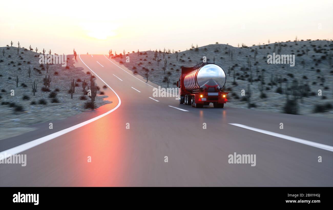 Gasoline tanker, Oil trailer, truck on highway. Very fast driving. 3d ...