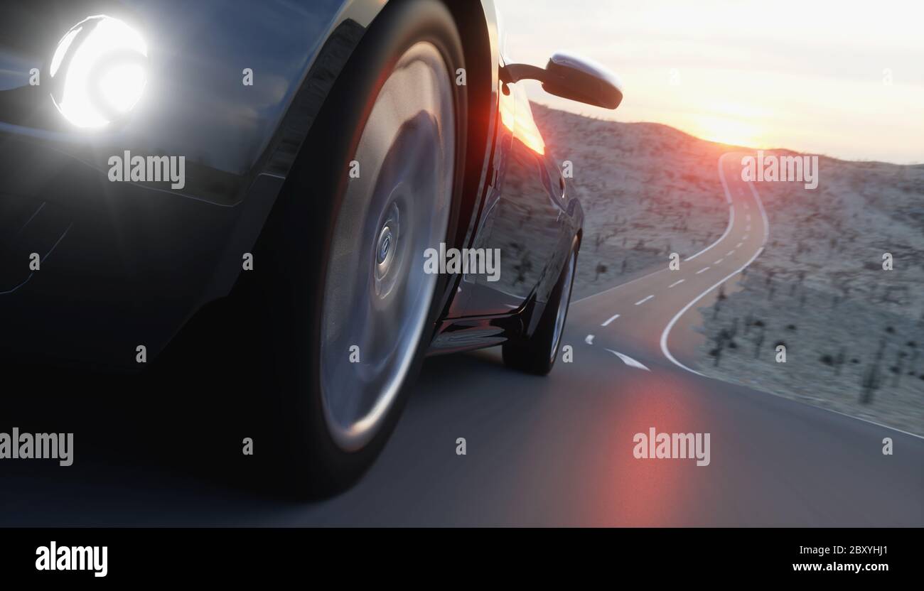 Black sport car on road, highway. Very fast driving. 3d rendering Stock ...