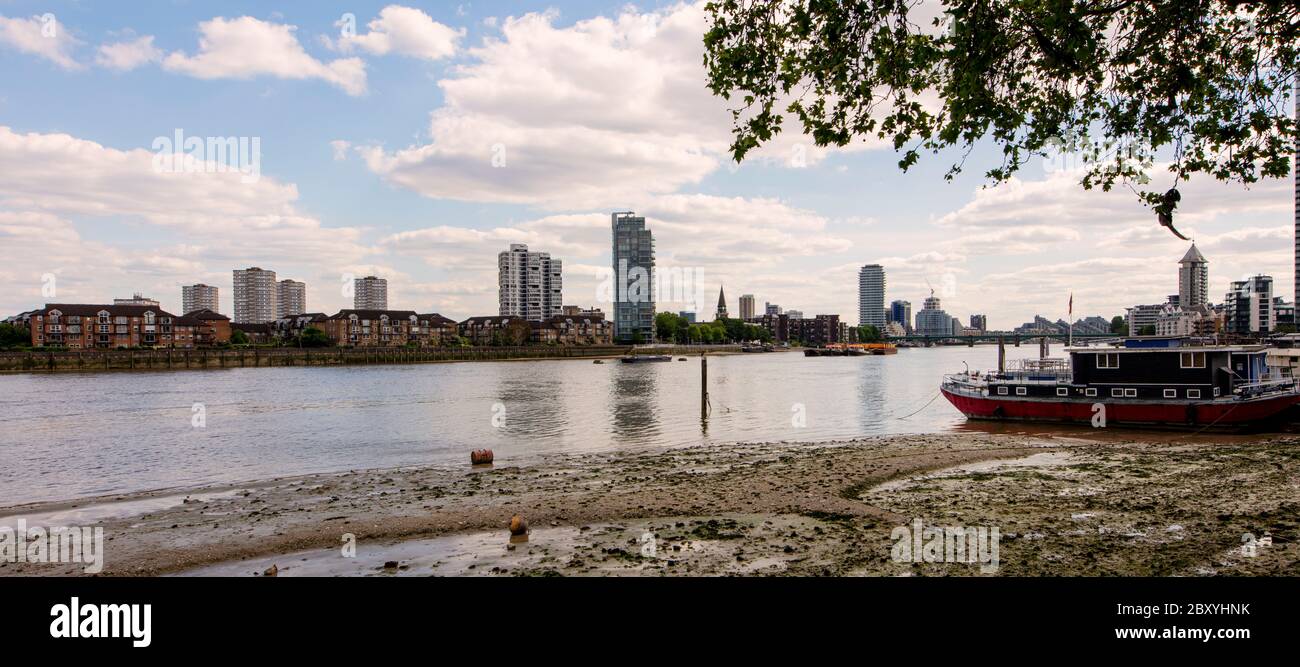 View of Thames from Chelsea Wharf, by Chelsea Embankment, London; a ...