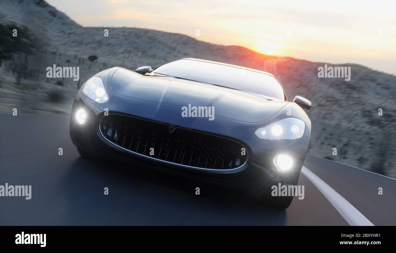 Black sport car on road, highway. Very fast driving. 3d rendering Stock ...
