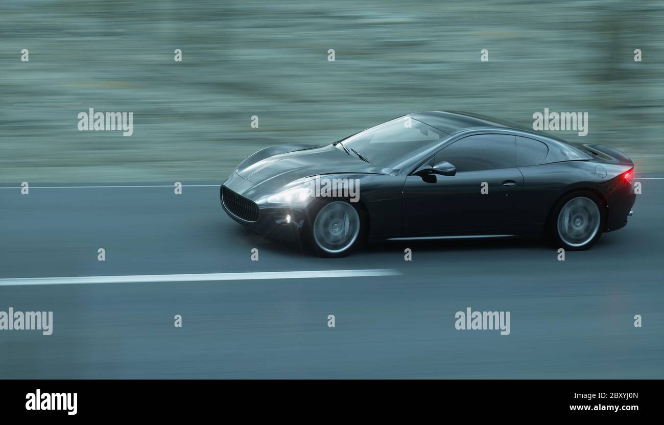 Black sport car on road, highway. Very fast driving. 3d rendering Stock ...