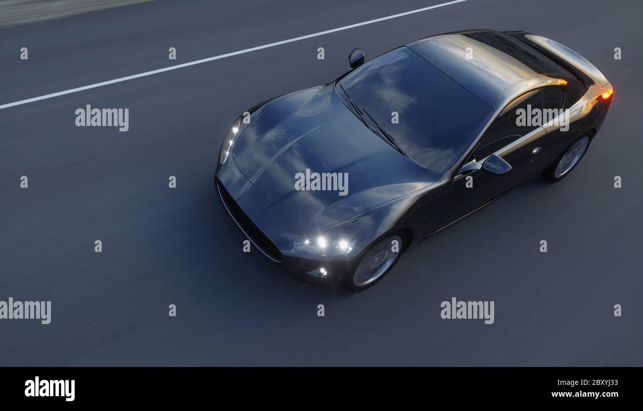 Black sport car on road, highway. Very fast driving. 3d rendering Stock ...