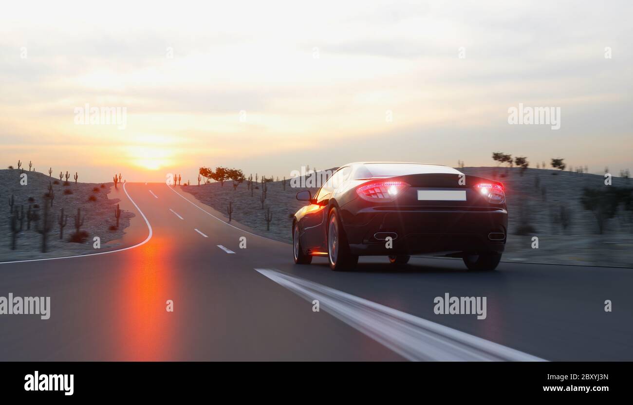Black sport car on road, highway. Very fast driving. 3d rendering Stock ...