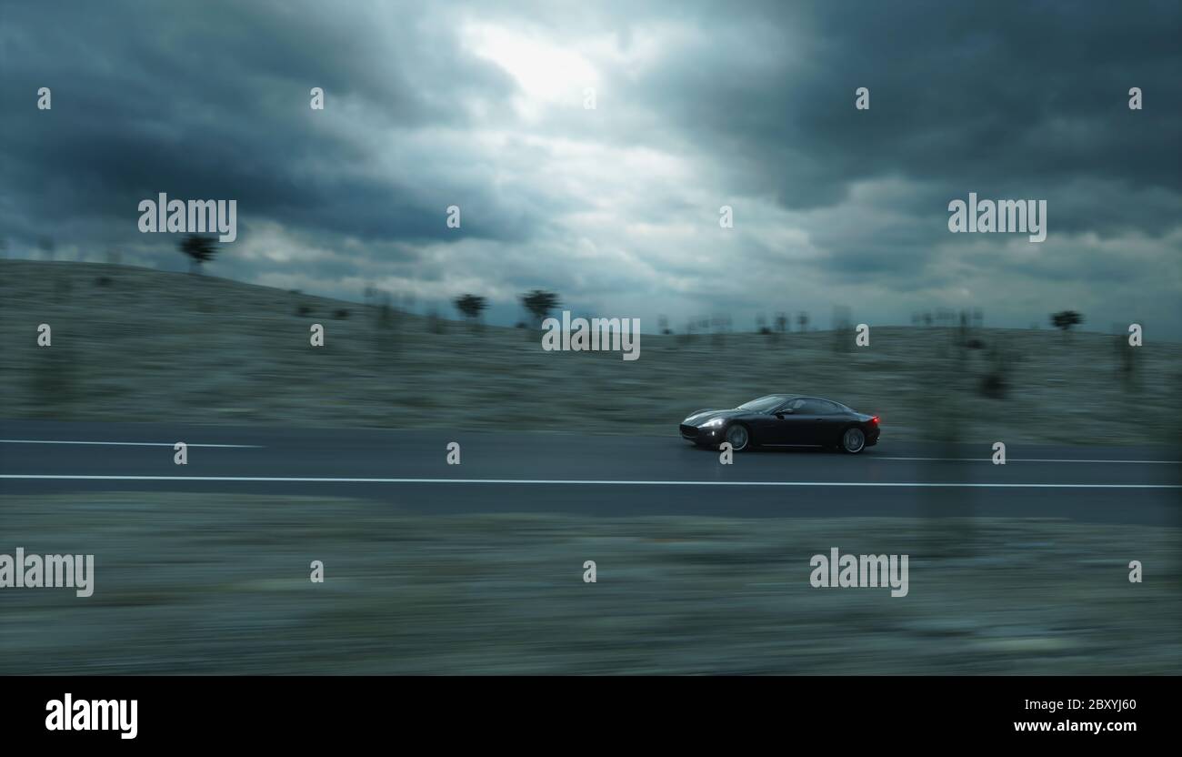 Black sport car on road, highway. Very fast driving. 3d rendering Stock ...