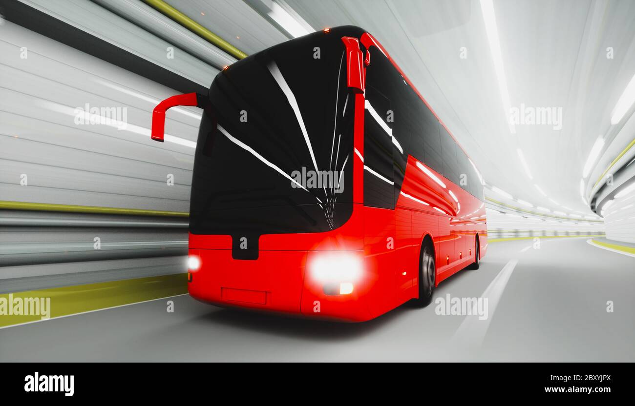red tourist bus in a tunnel. fast driving. tourism concept. 3d ...