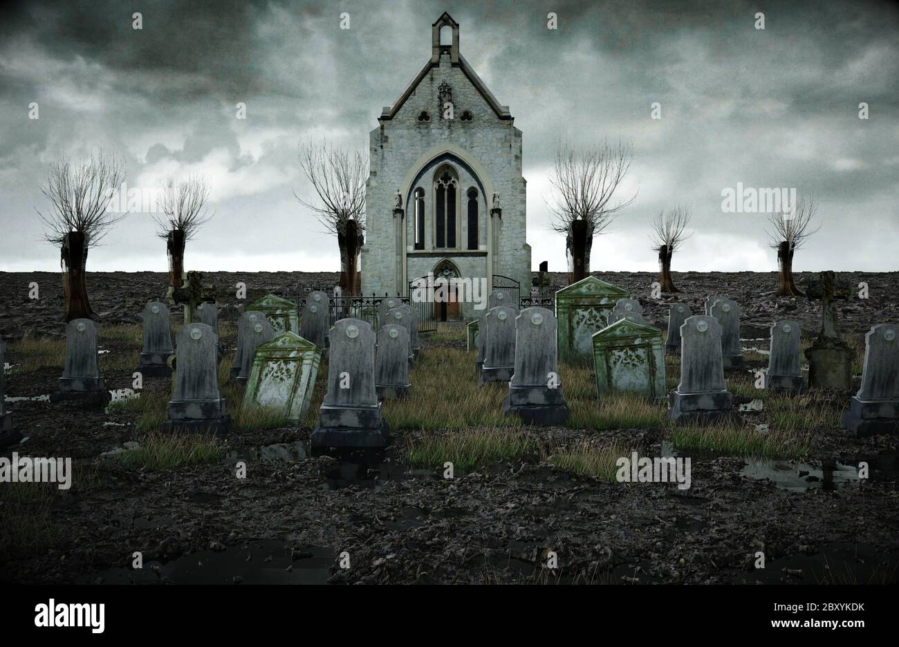 Scary old cemetery. church on grave. Halloween concept. 3d rendering ...