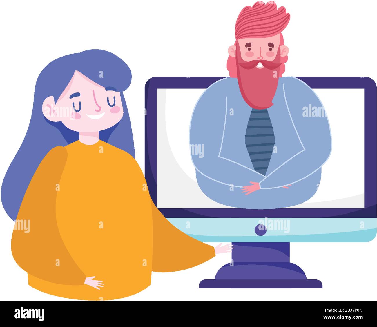 online education male teacher video computer lesson and student girl ...