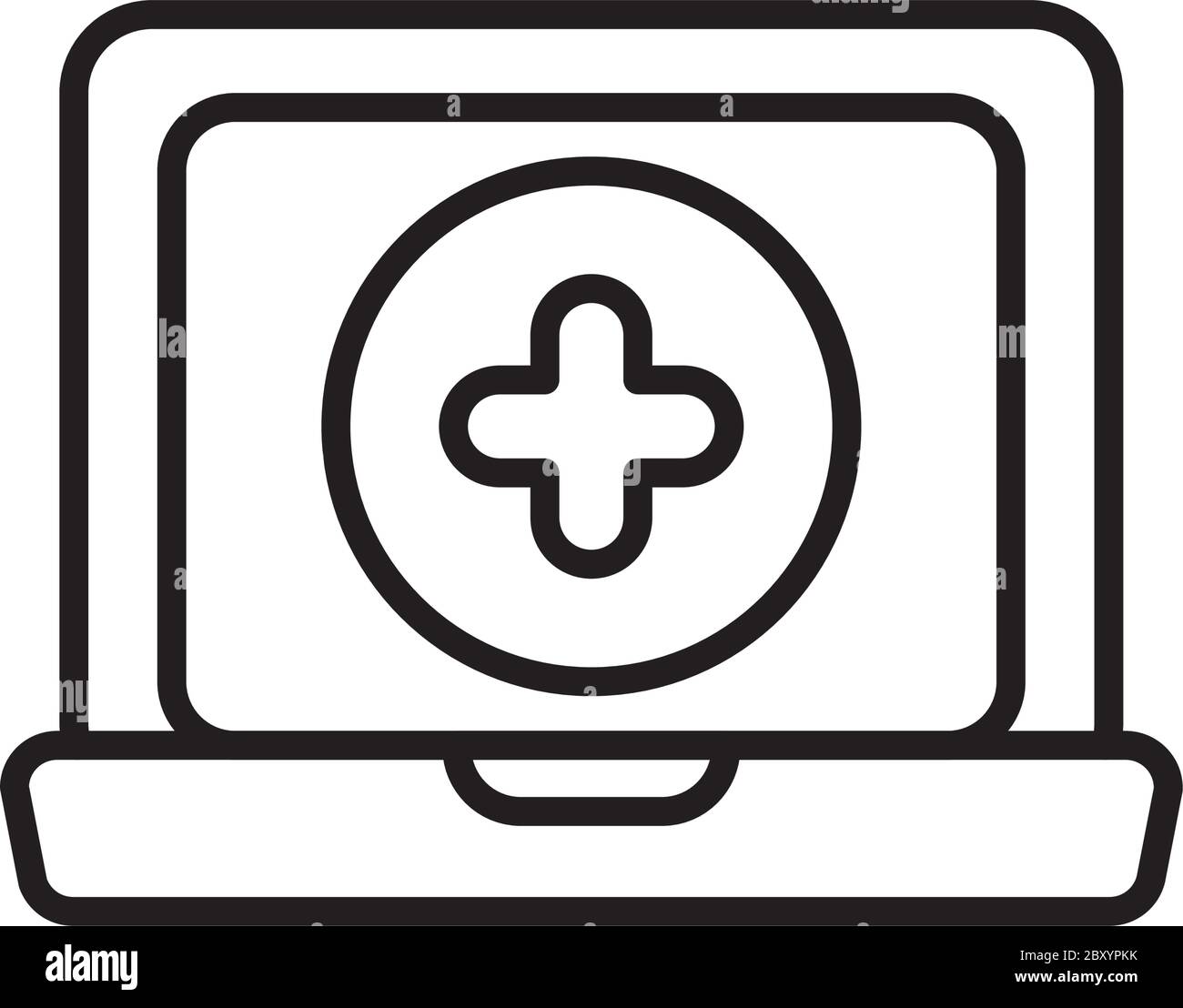 laptop computer and medical cross icon over white background, line ...
