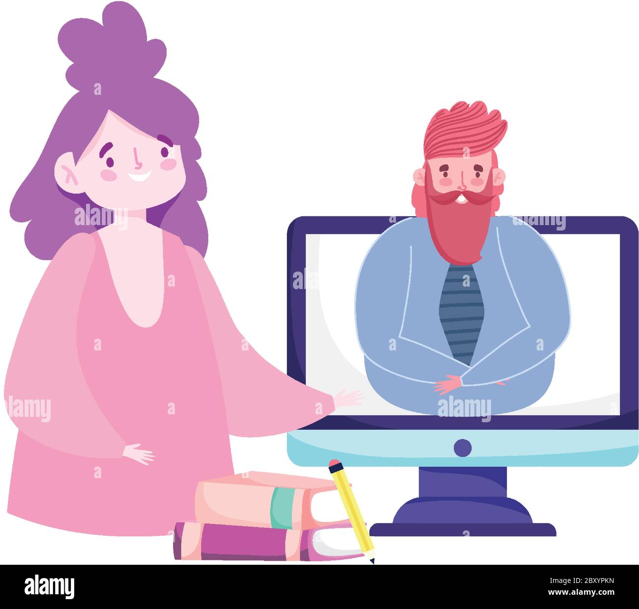 online education student girl and teacher in video computer class ...