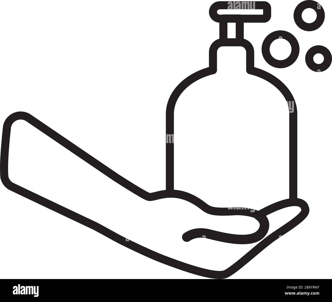 hand holding a soap bottle icon over white background, line style ...