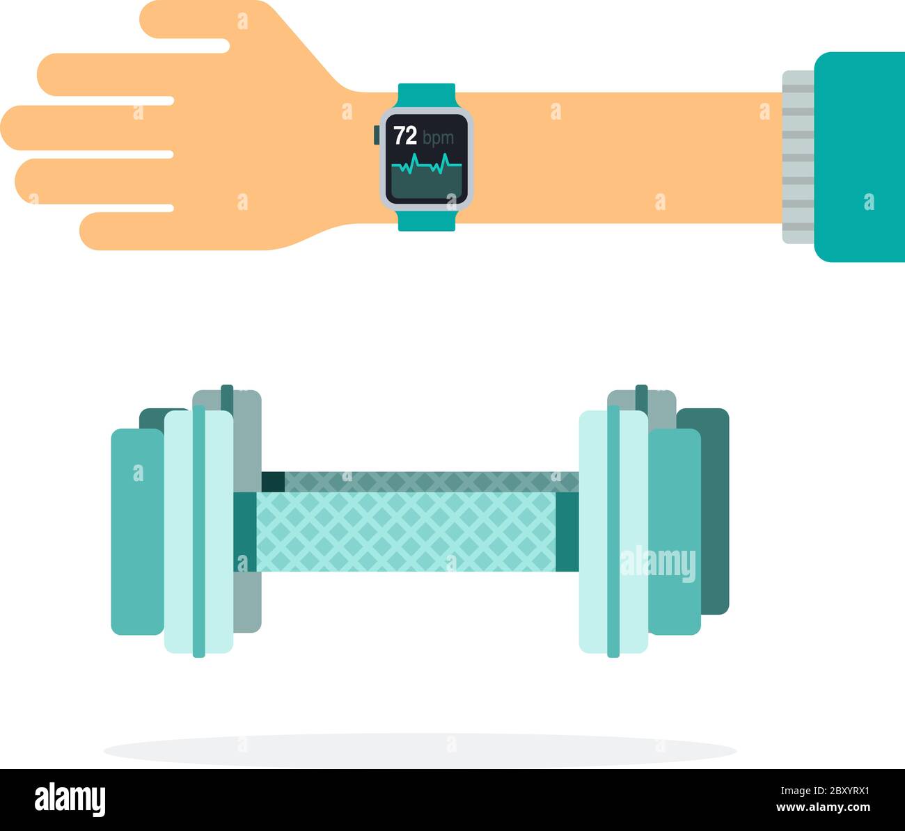 Fitness dumbbells and tracker with a heart rhythm on the arm flat ...
