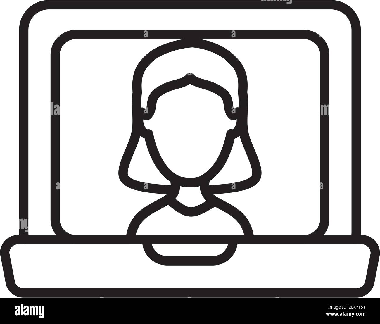 laptop computer with avatar woman on screen over white background, line ...
