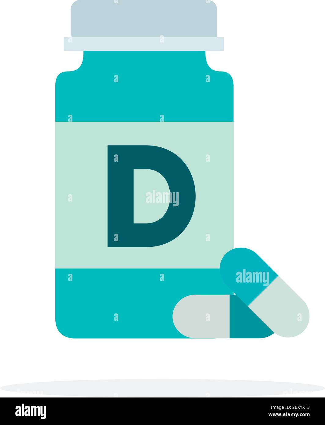 Blue plastic container with tablets and capsules of vitamins flat ...