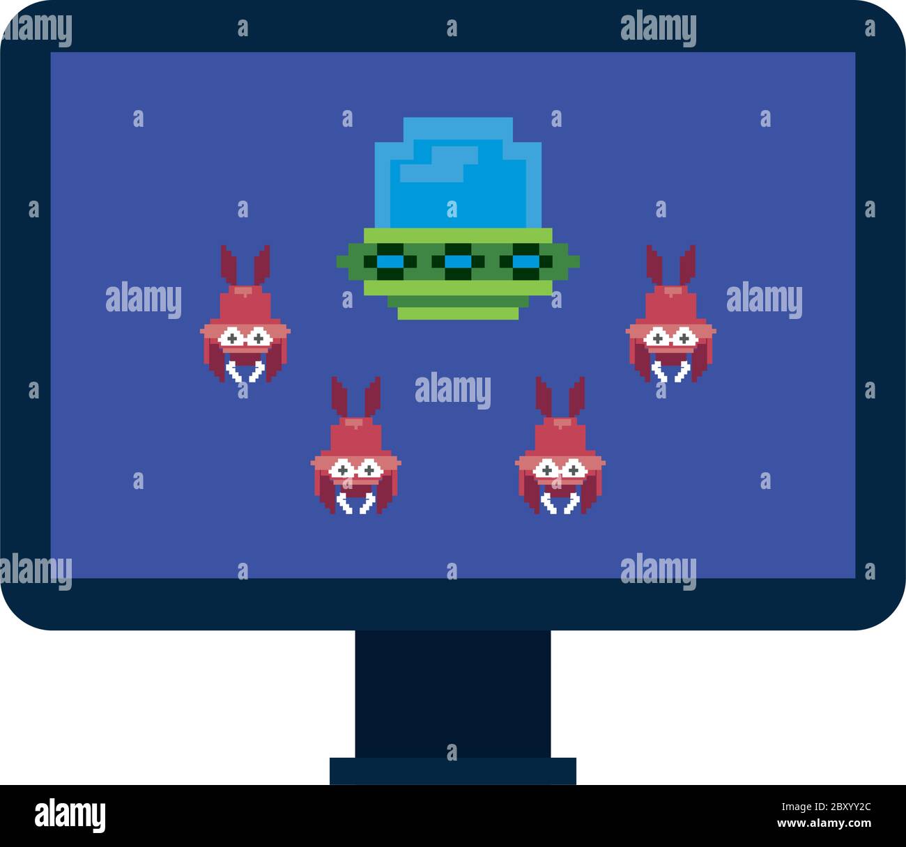 space aliens with ufo in desktop 8 bits pixelated vector illustration ...