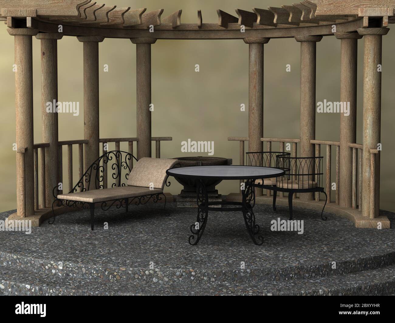 Garden scene with pavilion and garden furniture Stock Photo - Alamy