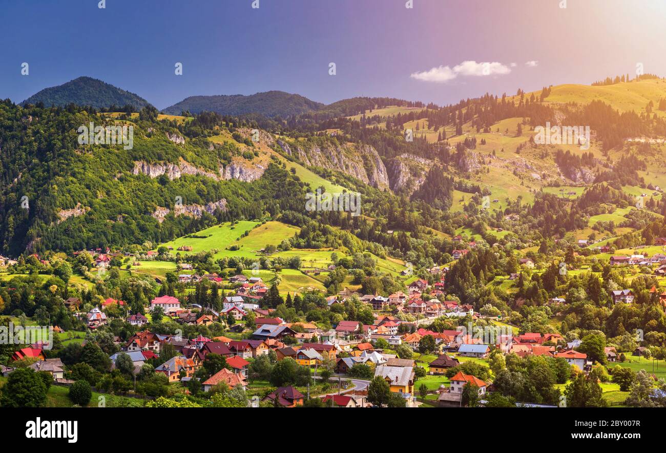 Summer alpine Transylvania landmark, landscape with green fields and ...