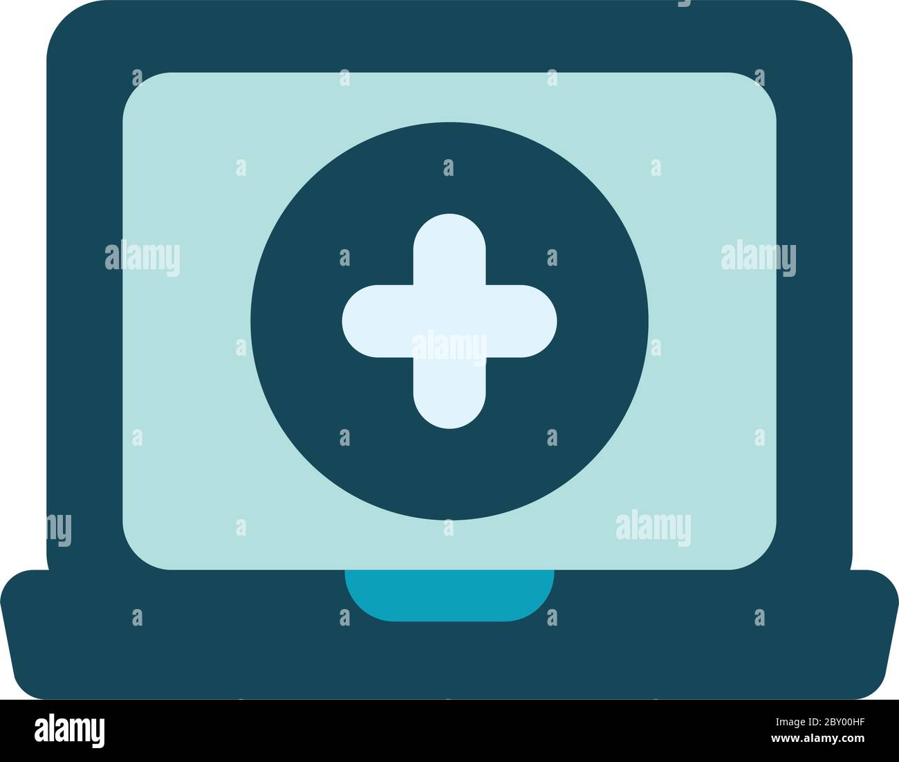 laptop computer and medical cross icon over white background, flat ...