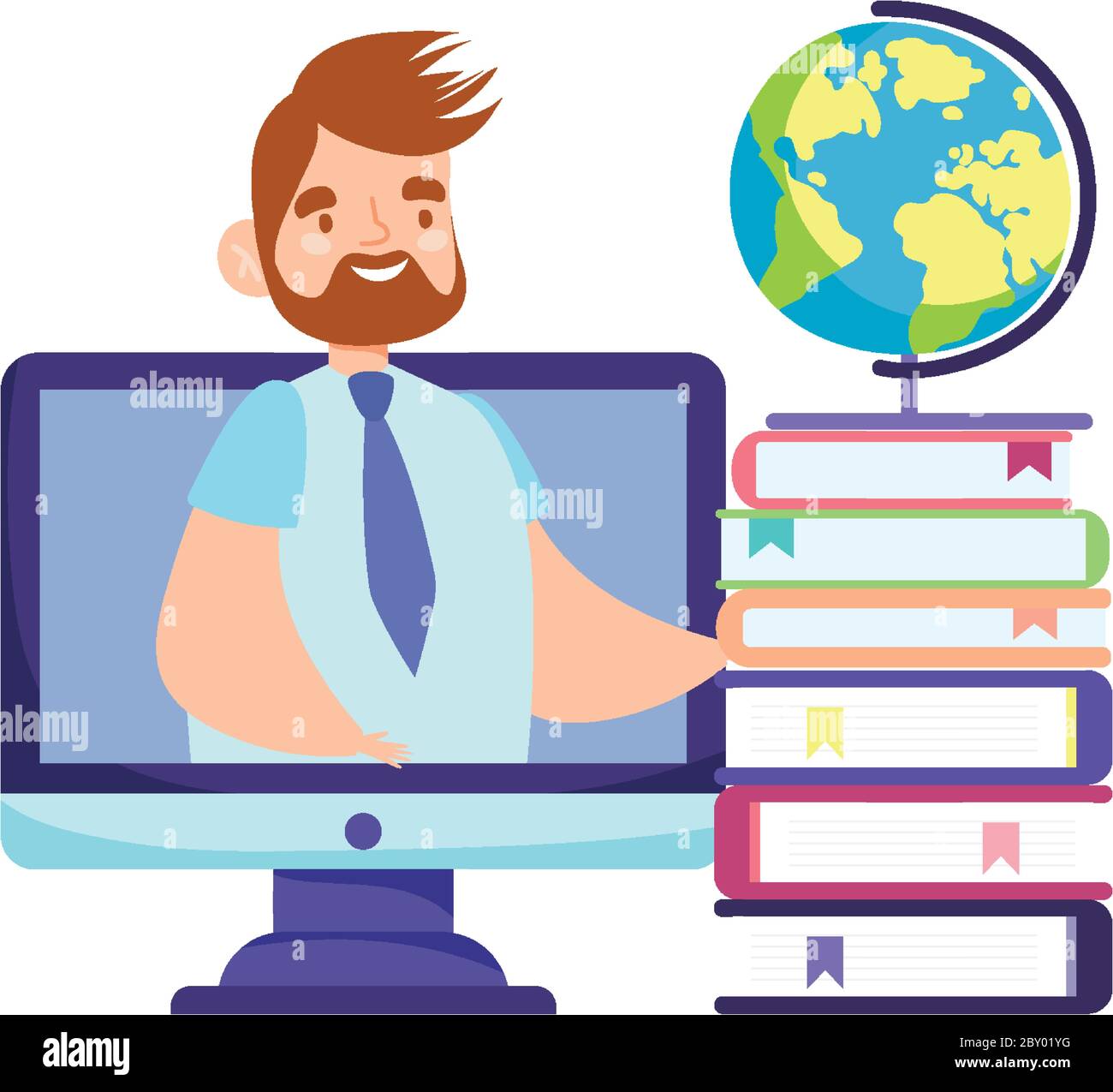 online education teacher video computer stack books and school globe ...