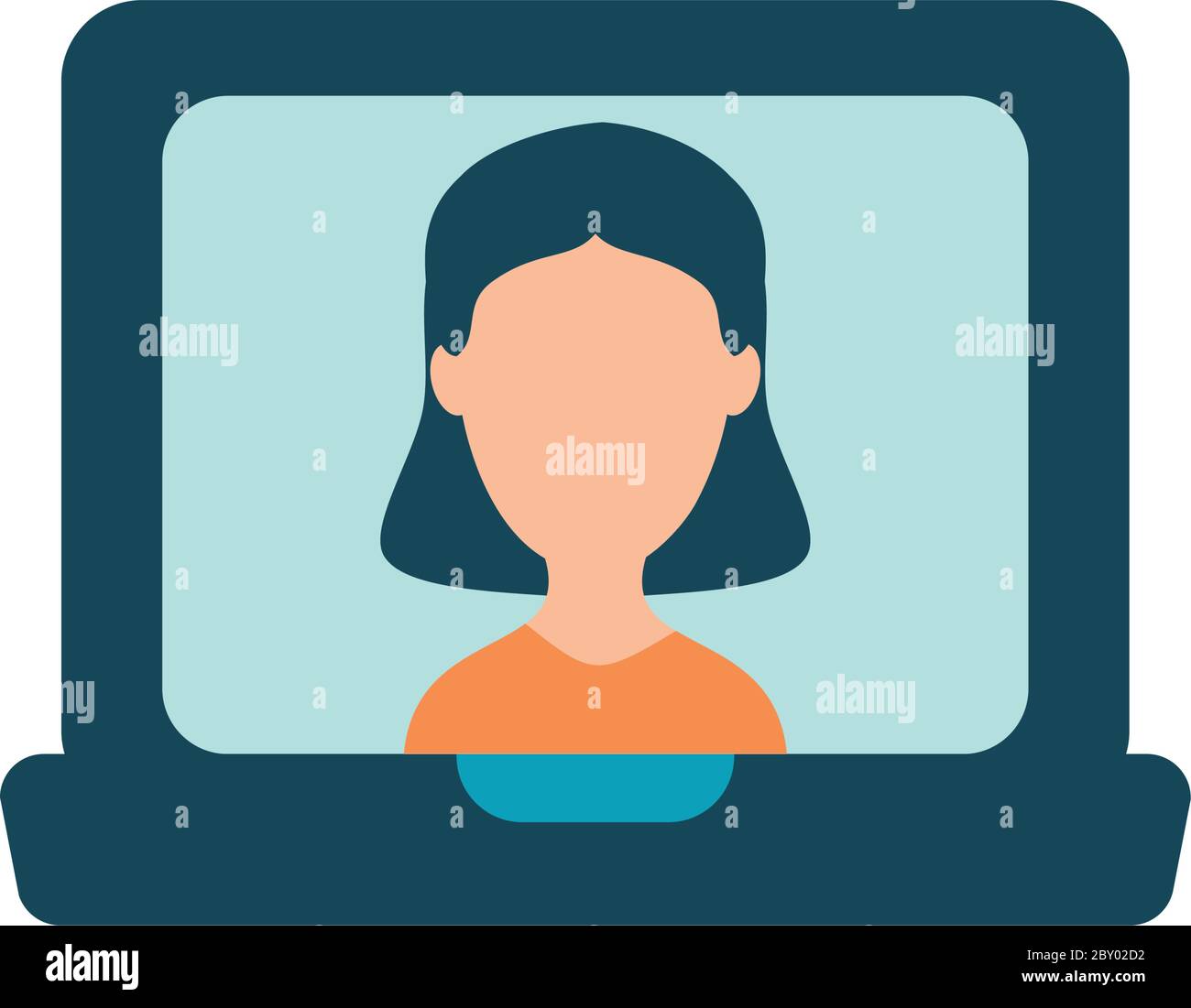 laptop computer with avatar woman on screen over white background, flat ...